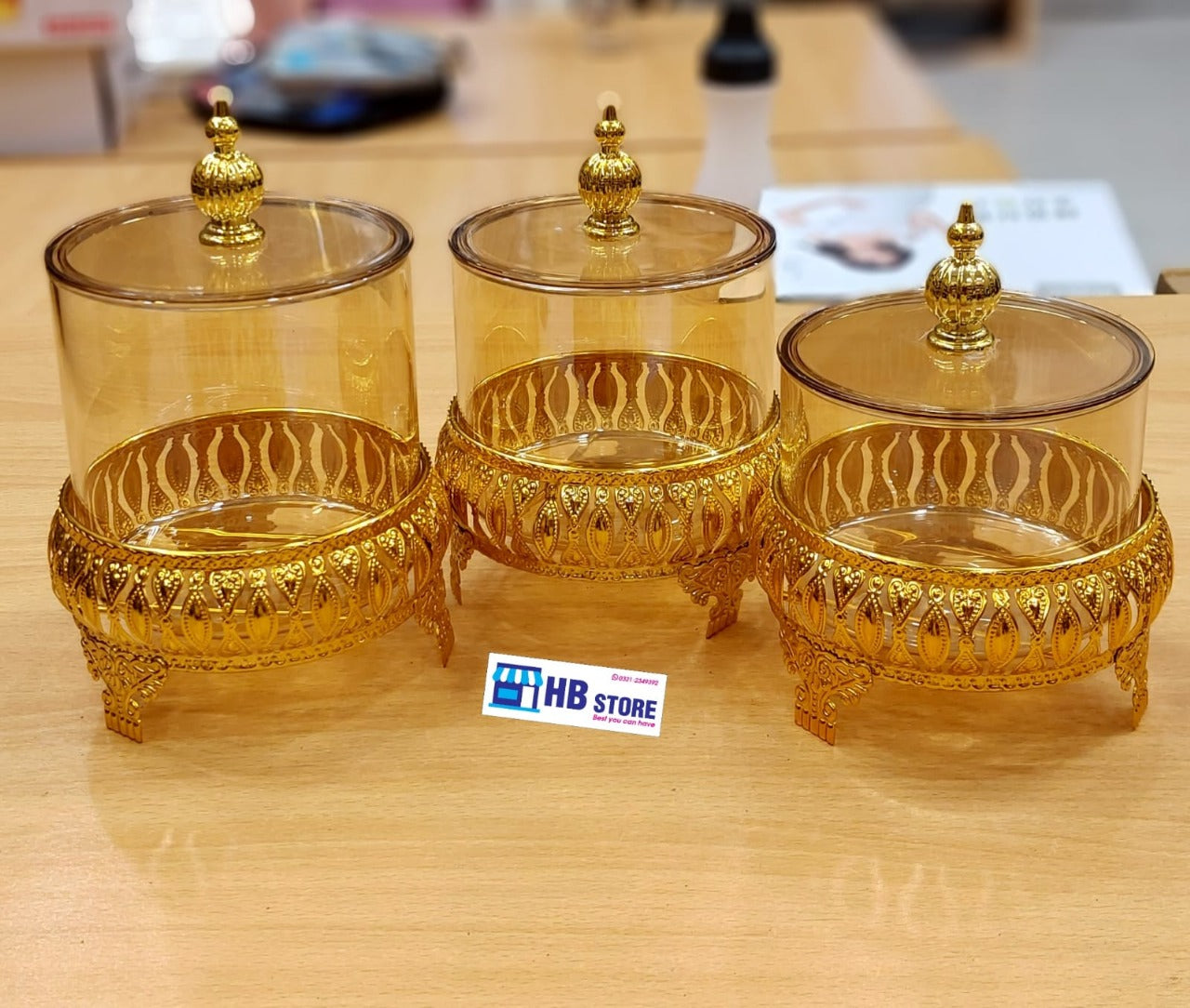 3-Piece Victorian-Style Amber Canister Set with Gold Filigree Base ...