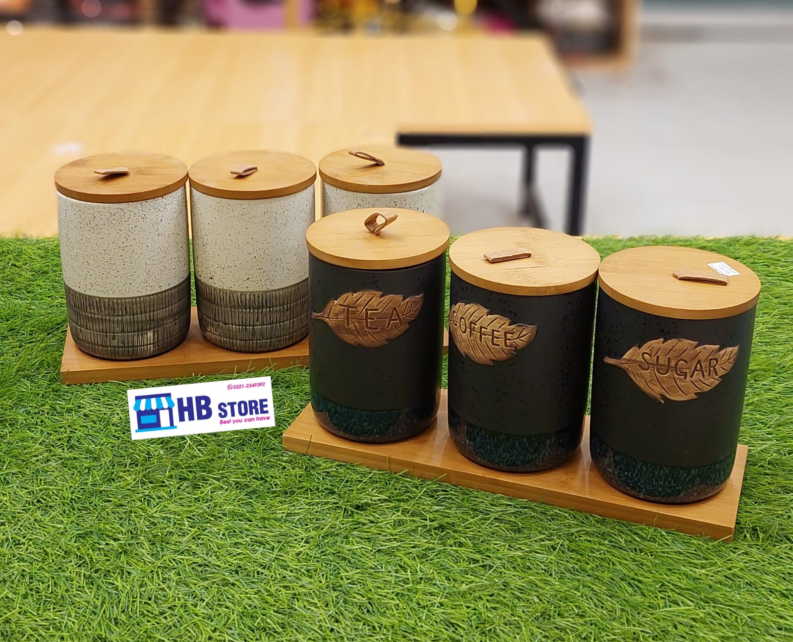 Rustic Ceramic Canister Set with Bamboo Lids and Tray – HBStore